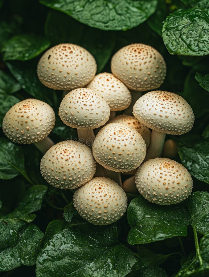 Cluster of White Mushrooms among Lush Green Leaves. Stock Photo - Image ...
