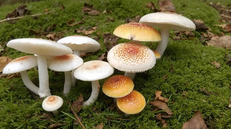 A Cluster of White Mushrooms with Orange Spots Grow in a Bed of Moss ...