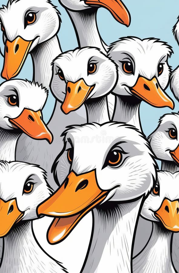 Clustered Cartoon Goose with Vivid Expressions on a Blue Backdrop Stock ...