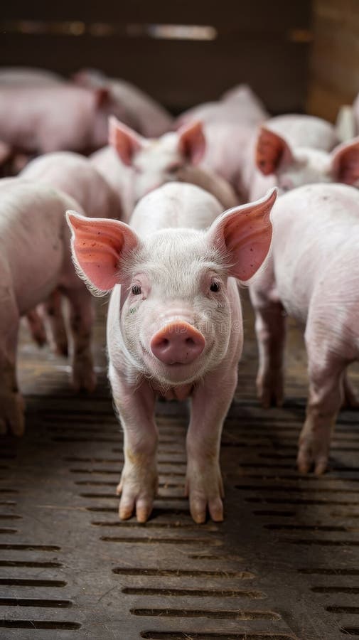 Clustered Pink Piglets with One Walking Towards the Camera Stock ...