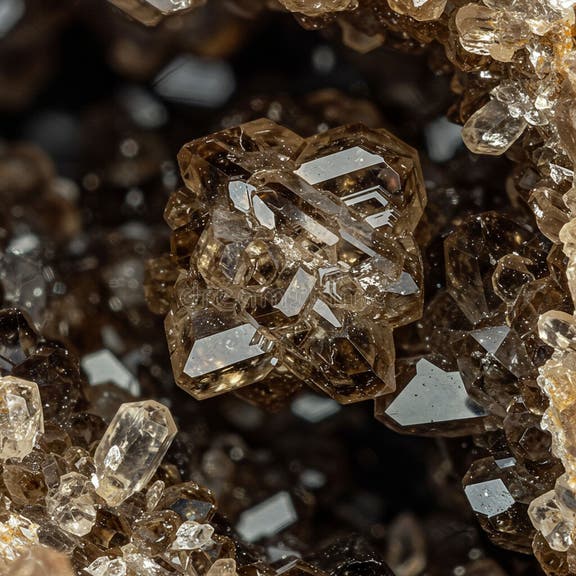 Clusters of Brown and Clear Crystals Form a Complex, Angular Pattern ...