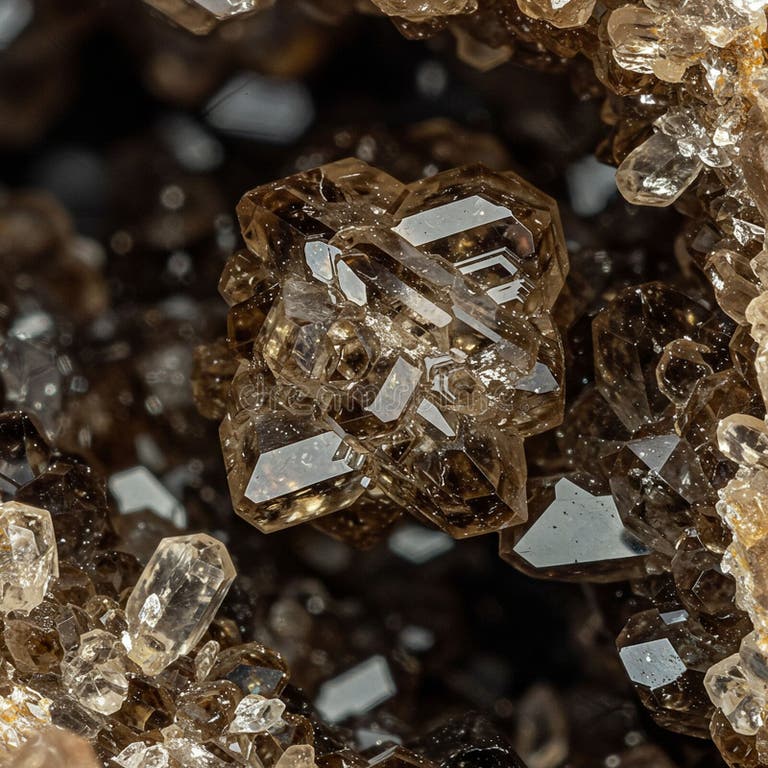 Clusters of Brown and Clear Crystals Form a Complex, Angular Pattern ...