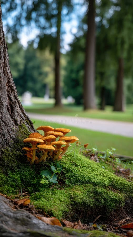 Clusters of Brown Mushrooms Grow at the Base of a Mature Tree Covered ...