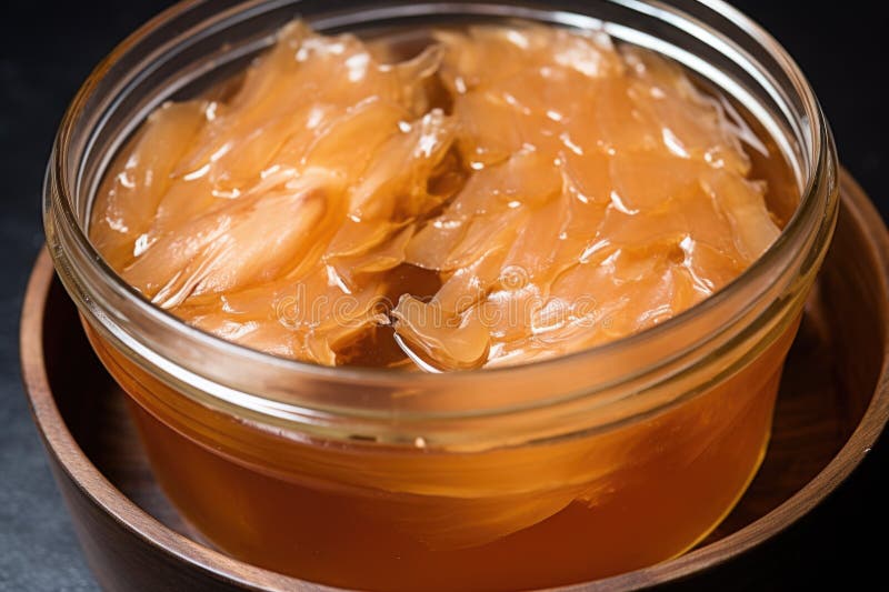 Clusters of Kombucha Scoby Floating in a Dark, Clear Jar Stock Photo ...