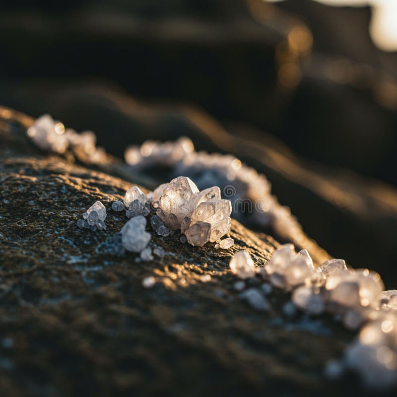 Clusters of Translucent, Pale Crystals Lie on a Dark, Textured Rock ...