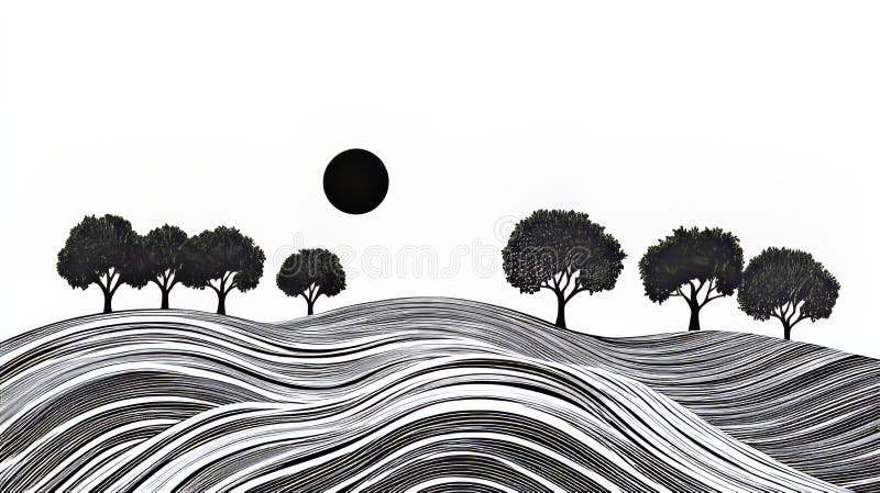Clusters of Trees are Dotted Around Undulating Fields in this Line Art ...