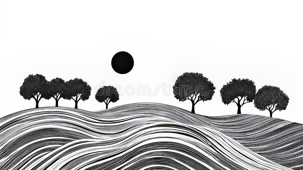 Clusters of Trees are Dotted Around Undulating Fields in this Line Art ...