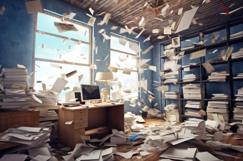 Documents Flying Over Workplace. Clutter in Office. Generative AI Stock ...