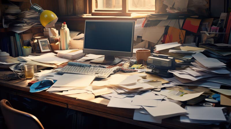 Clutter computer work desk stock illustration. Illustration of ...