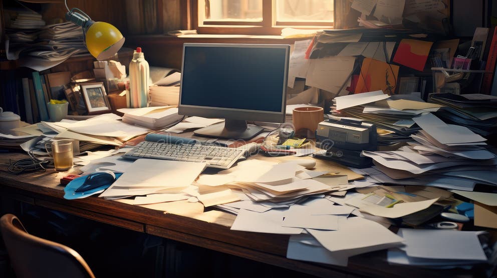 Clutter computer work desk stock illustration. Illustration of ...