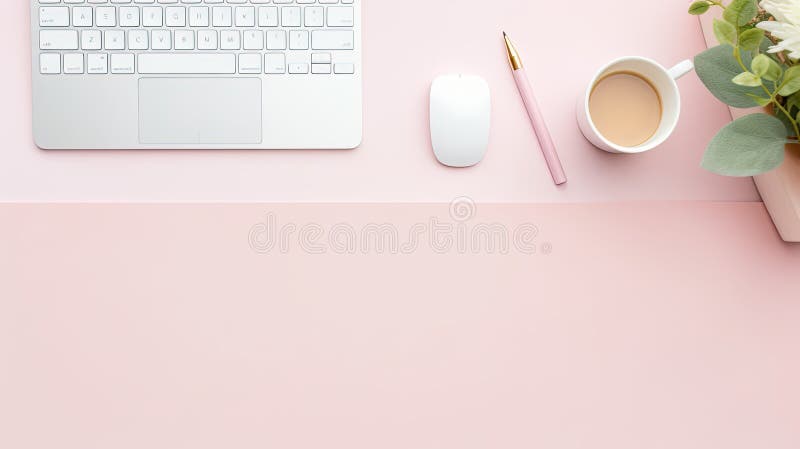 Clutter desk flat lay pink stock illustration. Illustration of notebook ...
