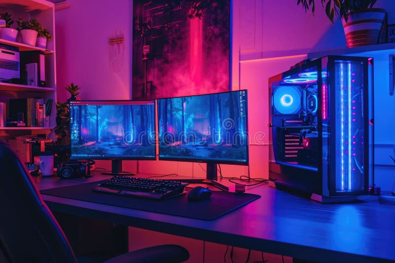 A Clutter-free Computer Desk Featuring a Keyboard and Two Monitors ...
