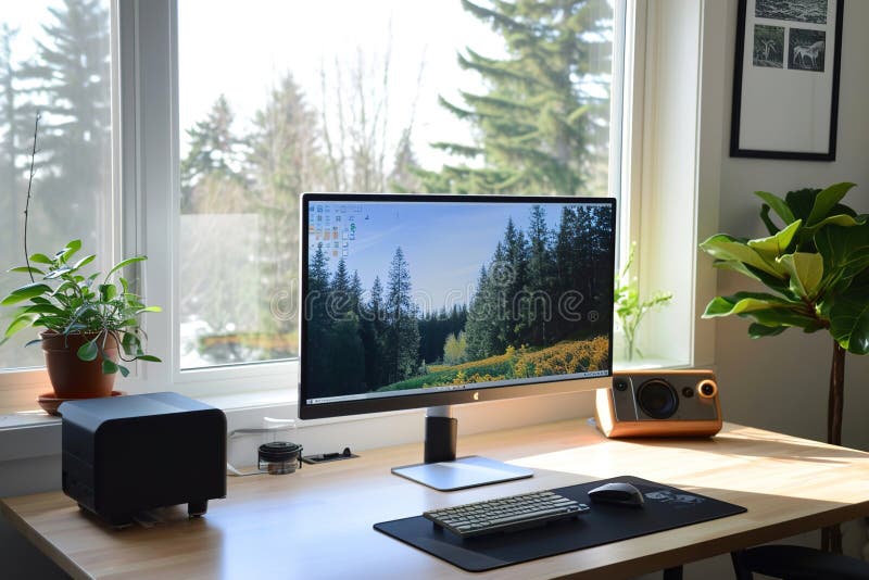 A Clutter-free Desk with a Sleek Computer Setup. Home Work Space. Stock ...