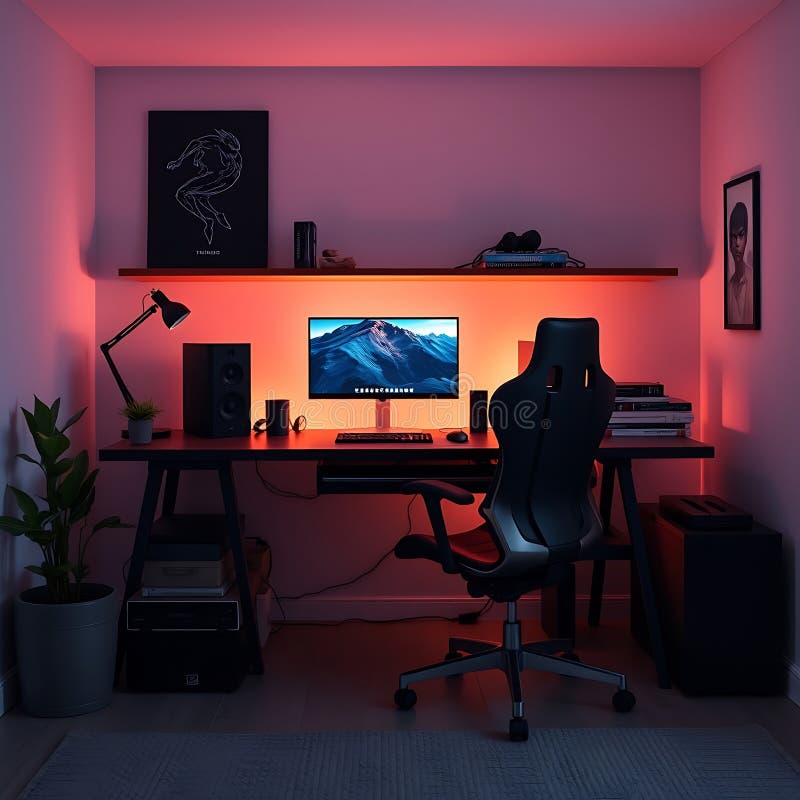 A Clutter Free Minimalist Gaming Desk with Ambient Lighting a Single ...