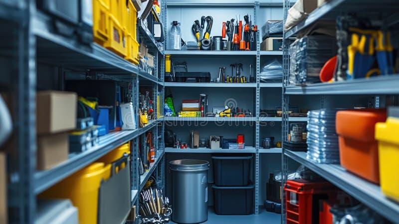 A Clutter-free Storage Space with Many Shelves and Bins Stock Image ...