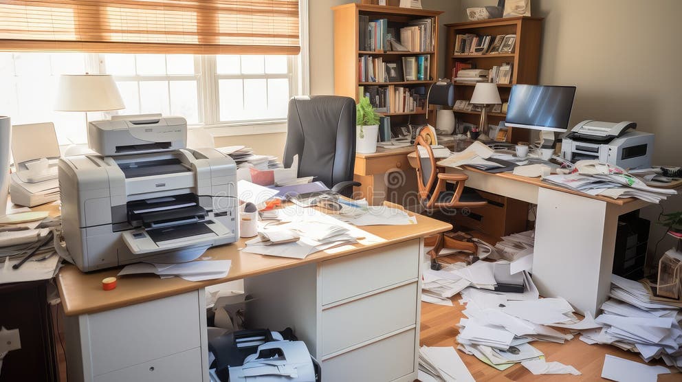 Clutter Home Office with Printer Stock Illustration - Illustration of ...