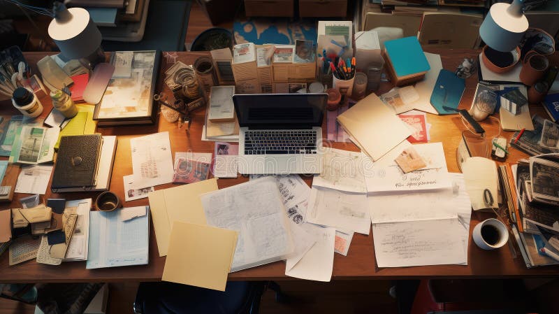 Clutter table top angle stock image. Image of view, concentration ...