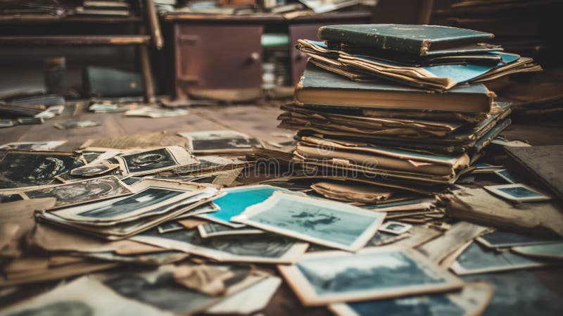 Cluttered Array of Old, Faded Photographs and Documents Spread Out on a ...