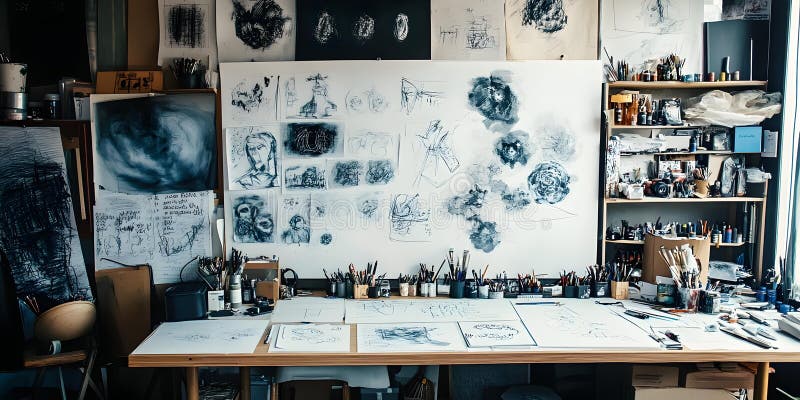 Cluttered Art Studio with Creative Exploration Stock Illustration ...
