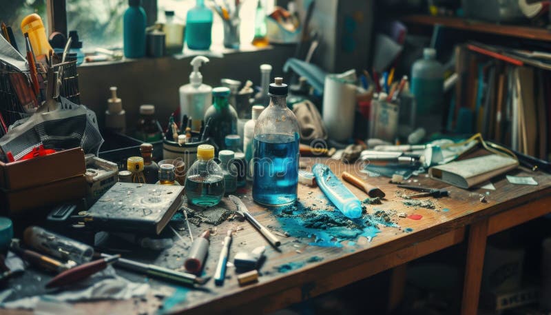 Cluttered Art Studio Workspace with Colorful Bottles and Tools during ...