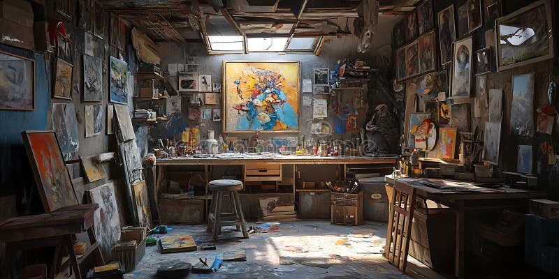 Cluttered Artists Studio Messy Workspace Creative Chaos Background ...