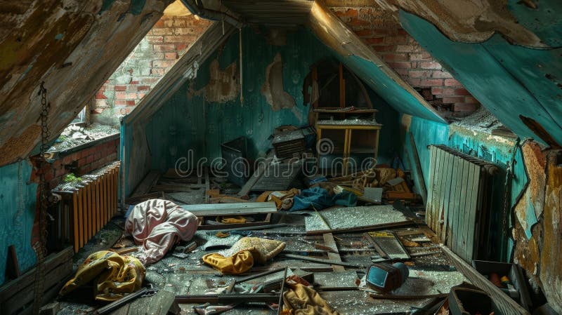 Cluttered Attic in Abandoned House Stock Image - Image of frame ...