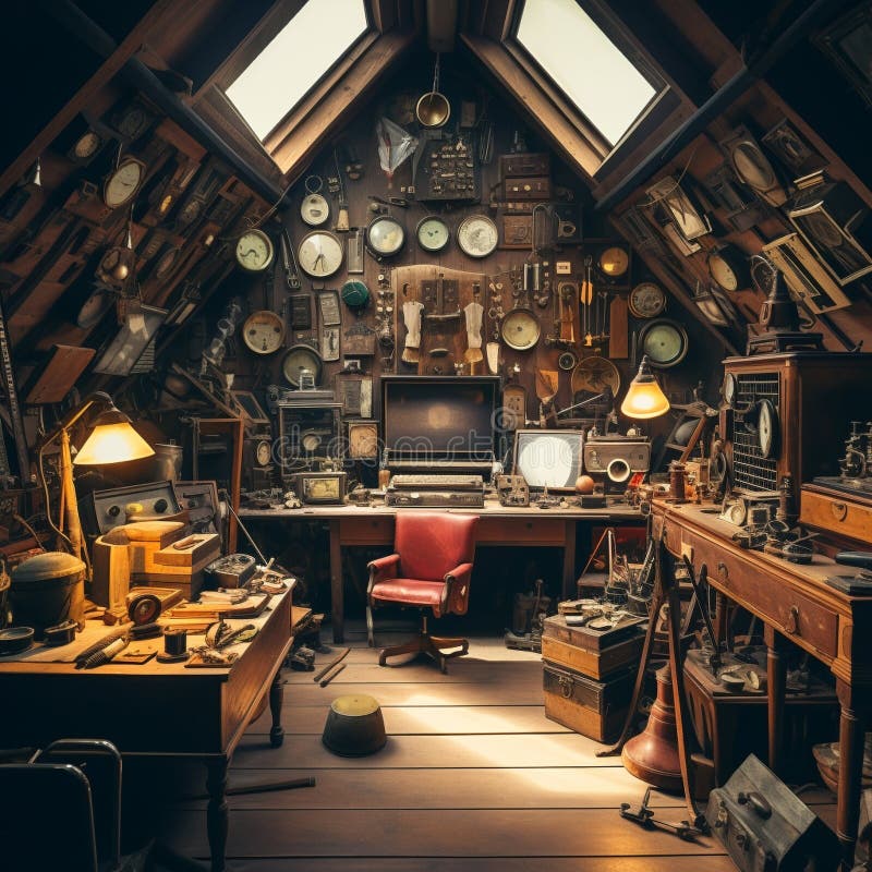 Cluttered Attic Space Filled with Vintage Tech and Antiques Stock Photo ...