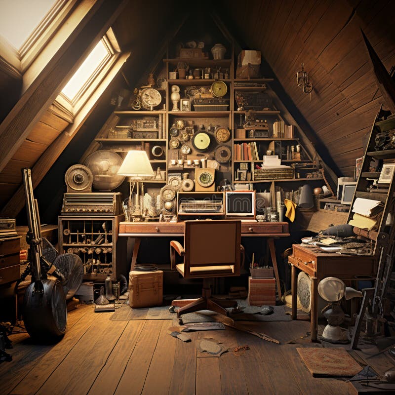 Cluttered Attic Space Filled with Vintage Tech and Antiques Stock Image ...