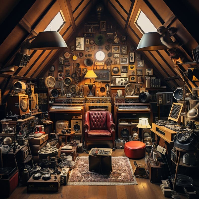 Cluttered Attic Space Filled with Vintage Tech and Antiques Stock Image ...