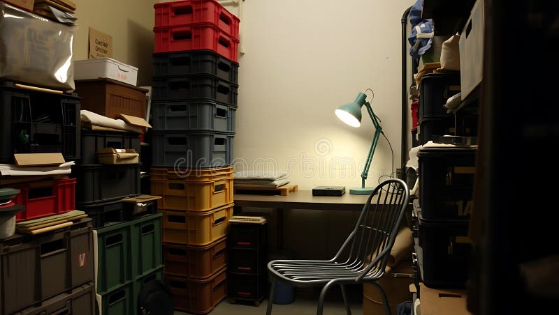 A Cluttered Backroom with a Stack of Crates a Metal Chair and a Small ...