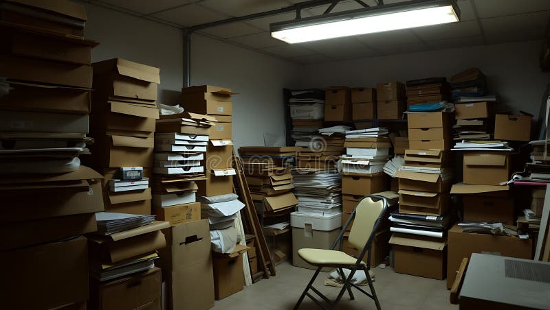 A Cluttered Backroom with Stacked Boxes a Folding Chair and a Buzzing ...