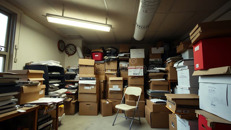 A Cluttered Backroom with Stacked Boxes a Folding Chair and a Buzzing ...