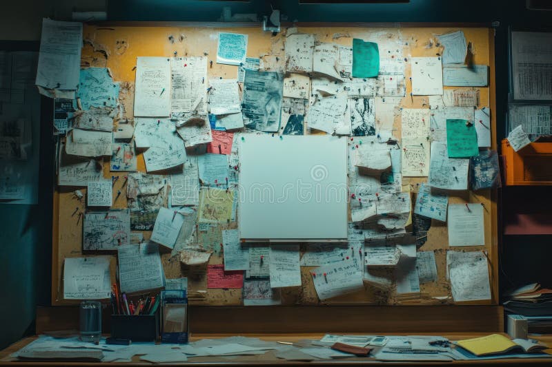 Cluttered Bulletin Board Covered with Notes, Papers, and Drawings in a ...