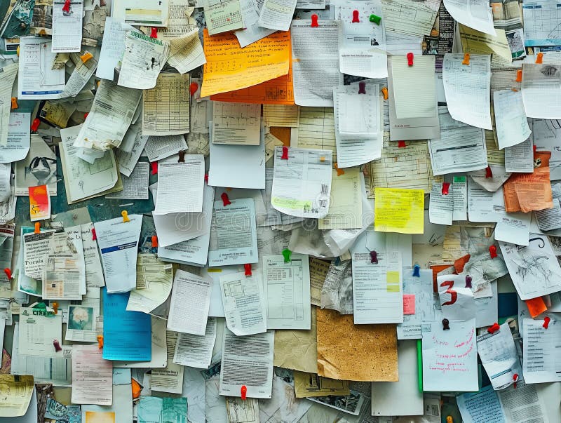 Cluttered Bulletin Board with Various Documents Stock Photo - Image of ...