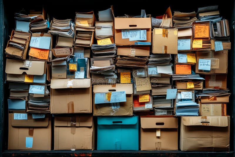 A Cluttered Collection of Stacked Boxes Filled with Documents and Notes ...