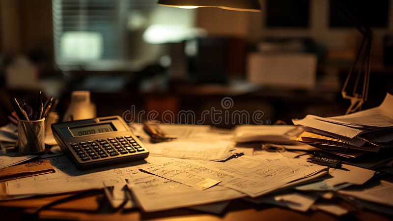 A Cluttered Desk with a Calculator, a Pen, and a Stack of Papers Stock ...