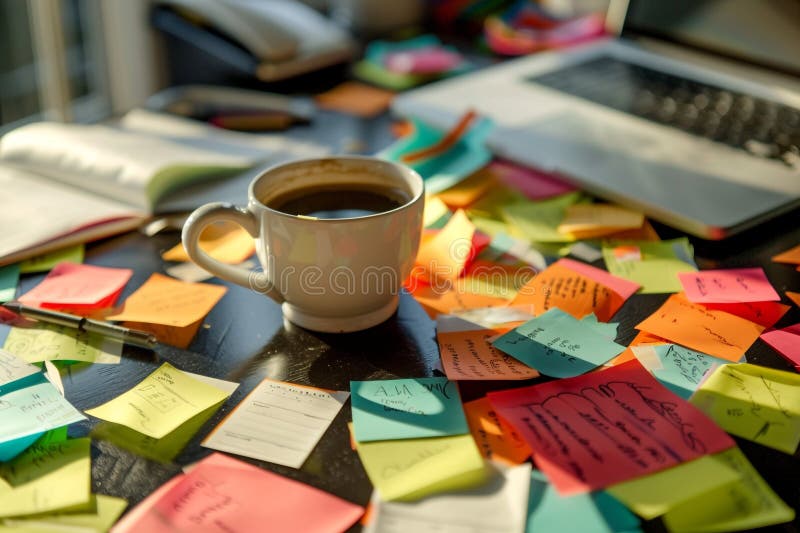 A Cluttered Desk with Colorful Sticky Notes and a Cup of Coffee Stock ...