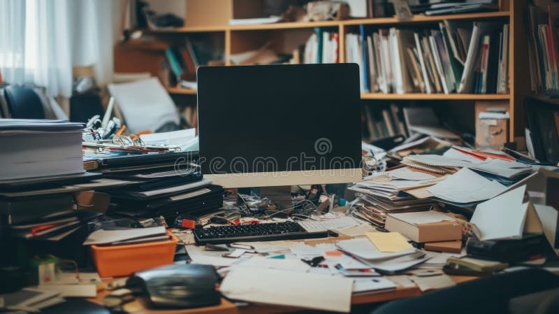 A Cluttered Desk with a Computer, Keyboard and Monitor on Top, AI Stock ...