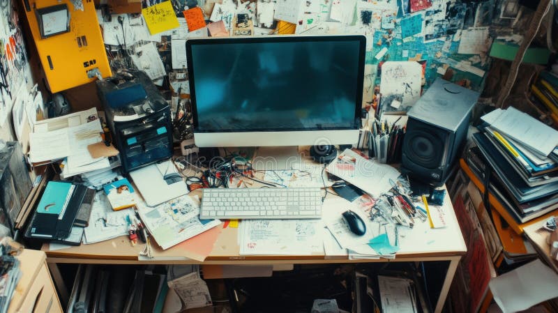 A Cluttered Desk with a Computer, Keyboard and Mouse on it, AI Stock ...