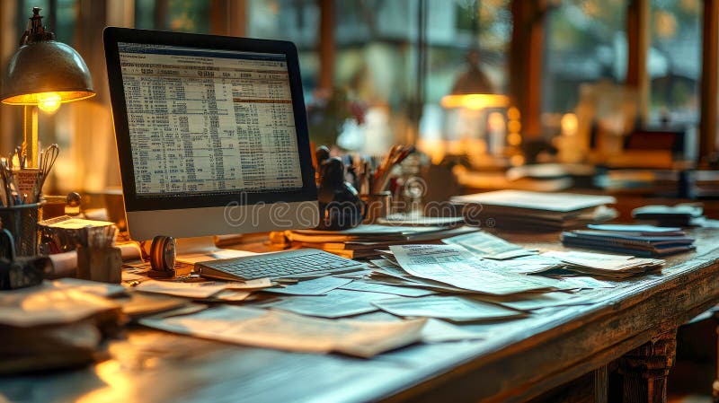 Cluttered Desk with a Computer, Papers, and Warm Light in a Home Office ...