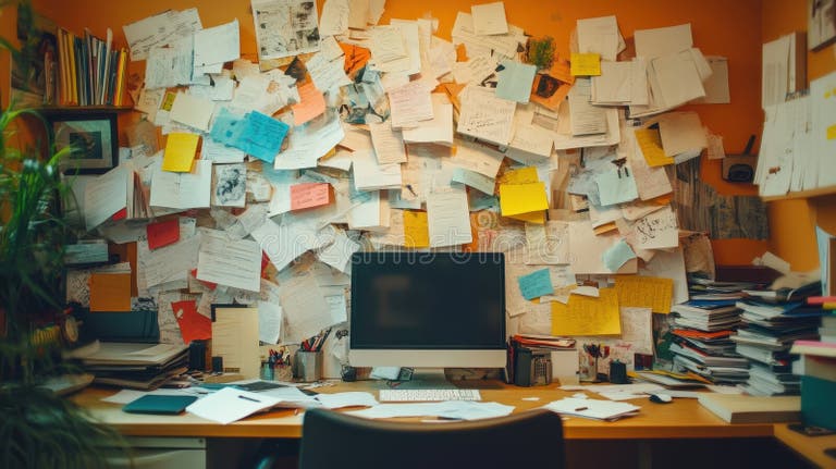 Cluttered Desk with Computer and Pinned Notes Stock Image - Image of ...