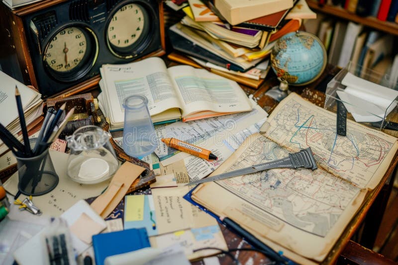 A Cluttered Desk Covered in Books and Various Other Educational Items ...