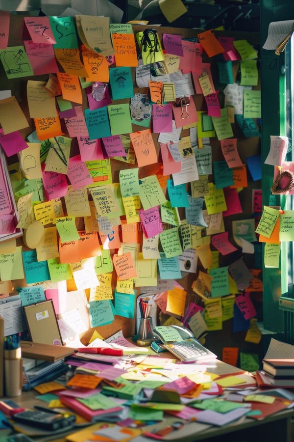 A Cluttered Desk Covered with Colorful Post it Notes. Ideal for Office ...
