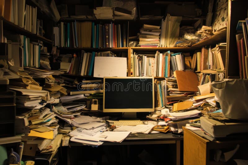 Cluttered Desk in Dimly Lit Home Office with Books and Papers, AI ...