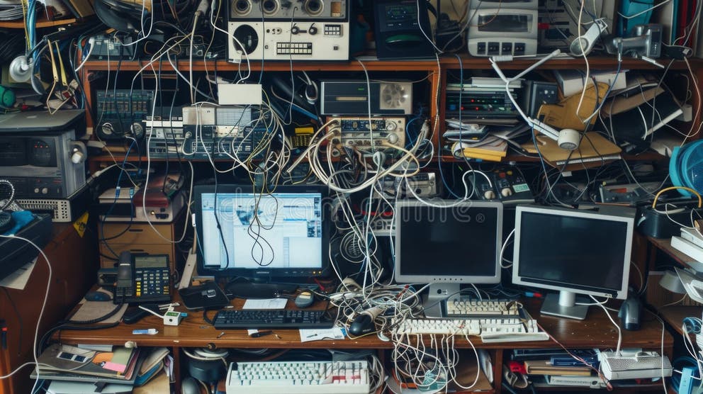 Cluttered Desk with Electronics and Cables Stock Photo - Image of ...