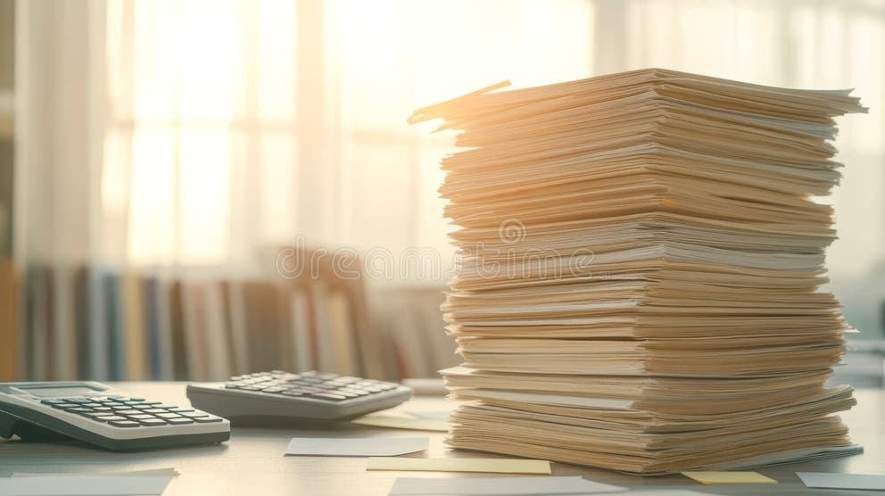 Overdue Reports and Calculators Stacked on a Crowded Desk Illuminated ...