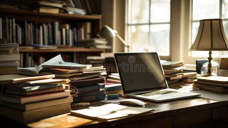 A Cluttered Desk with a Laptop and a Stack of Books Stock Photo - Image ...
