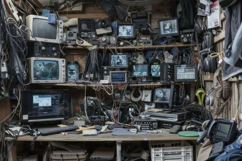 Cluttered Desk with Multiple Electronic Devices and Monitors Stock ...