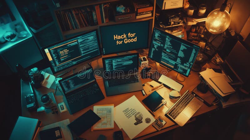 Cluttered Desk with Multiple Laptops Showcasing Ethical Hacking Tools ...