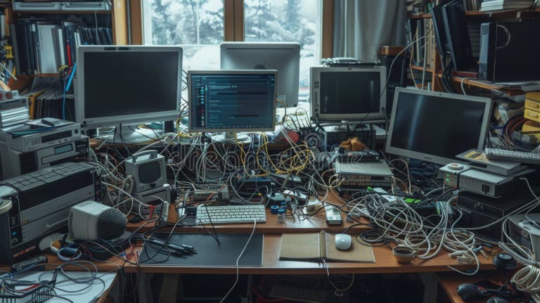 Cluttered Desk with Multiple Monitors and Cables Stock Photo - Image of ...